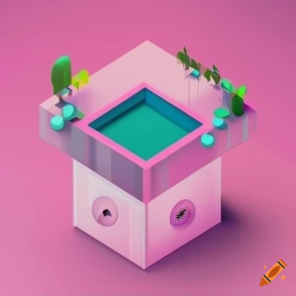 Pink isometric cube with picture frames, buttons, plants, and water ...