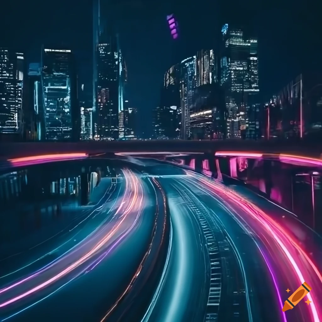 Futuristic city night cyber highway interchange