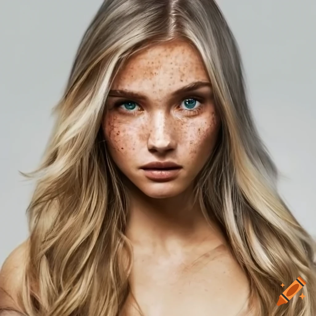 Beautiful young woman shoulder-length blonde hair slight freckles on Craiyon