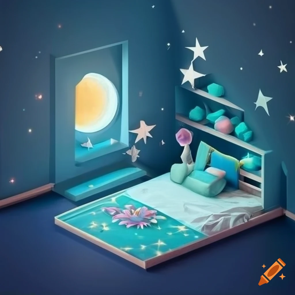 A soothing isometric cube bedroom with stars and water lilies in the ...