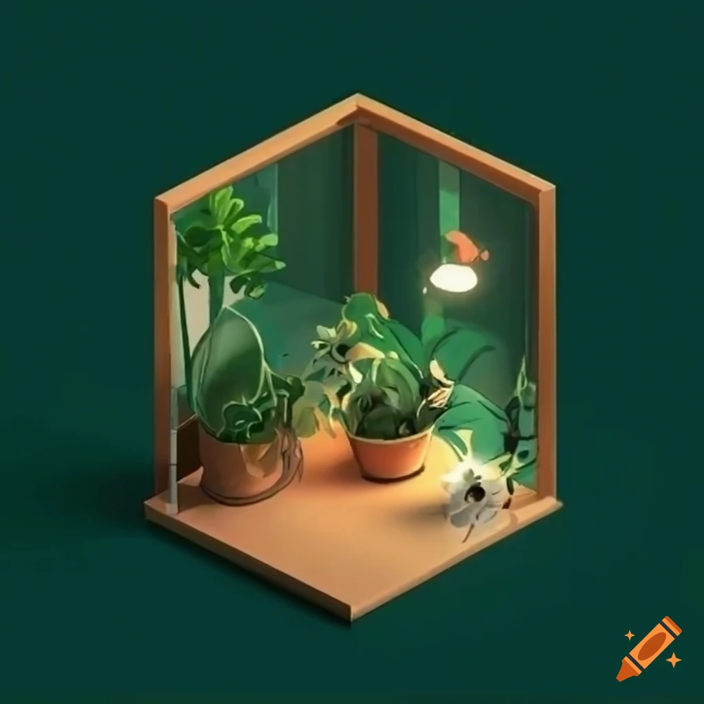 A glass isometric room with houseplants, flowers, and fish on Craiyon