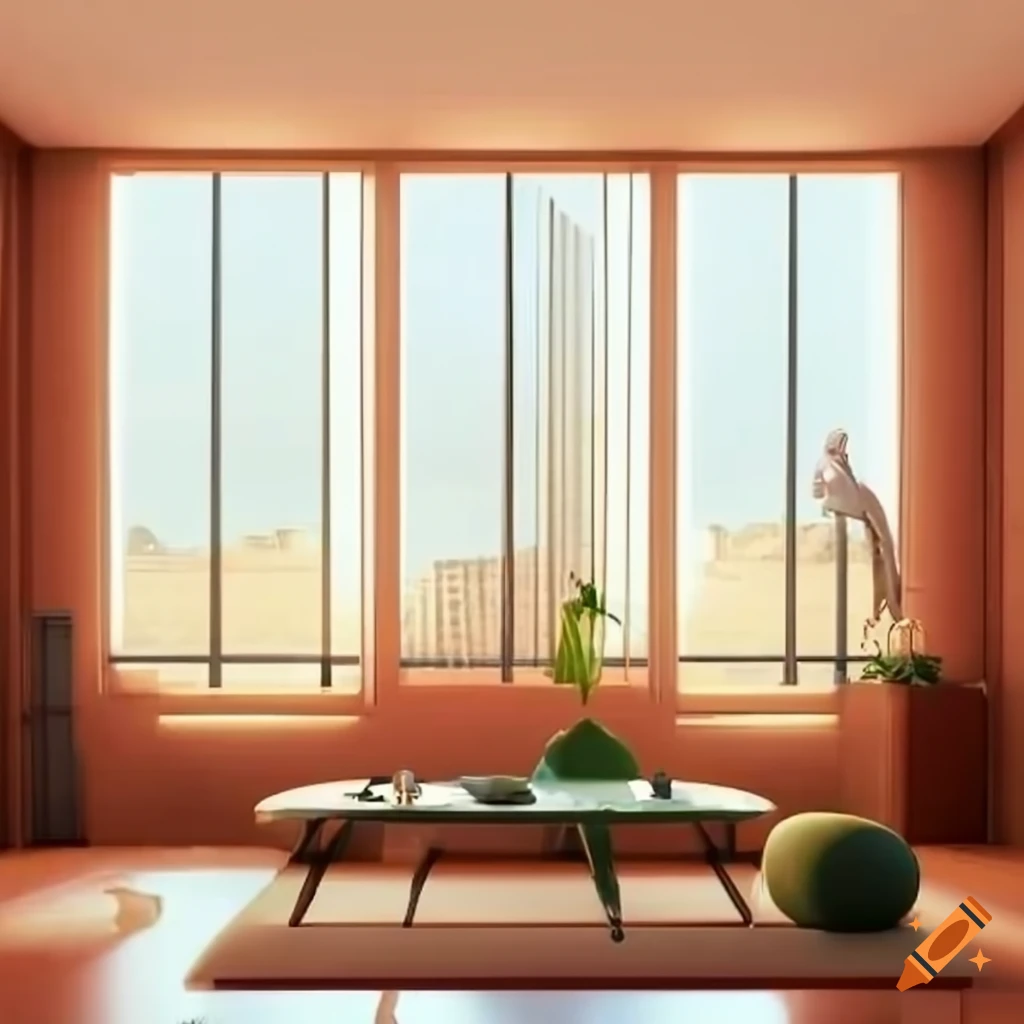 Warm Modern spacious living room with large windows pixar render on Craiyon