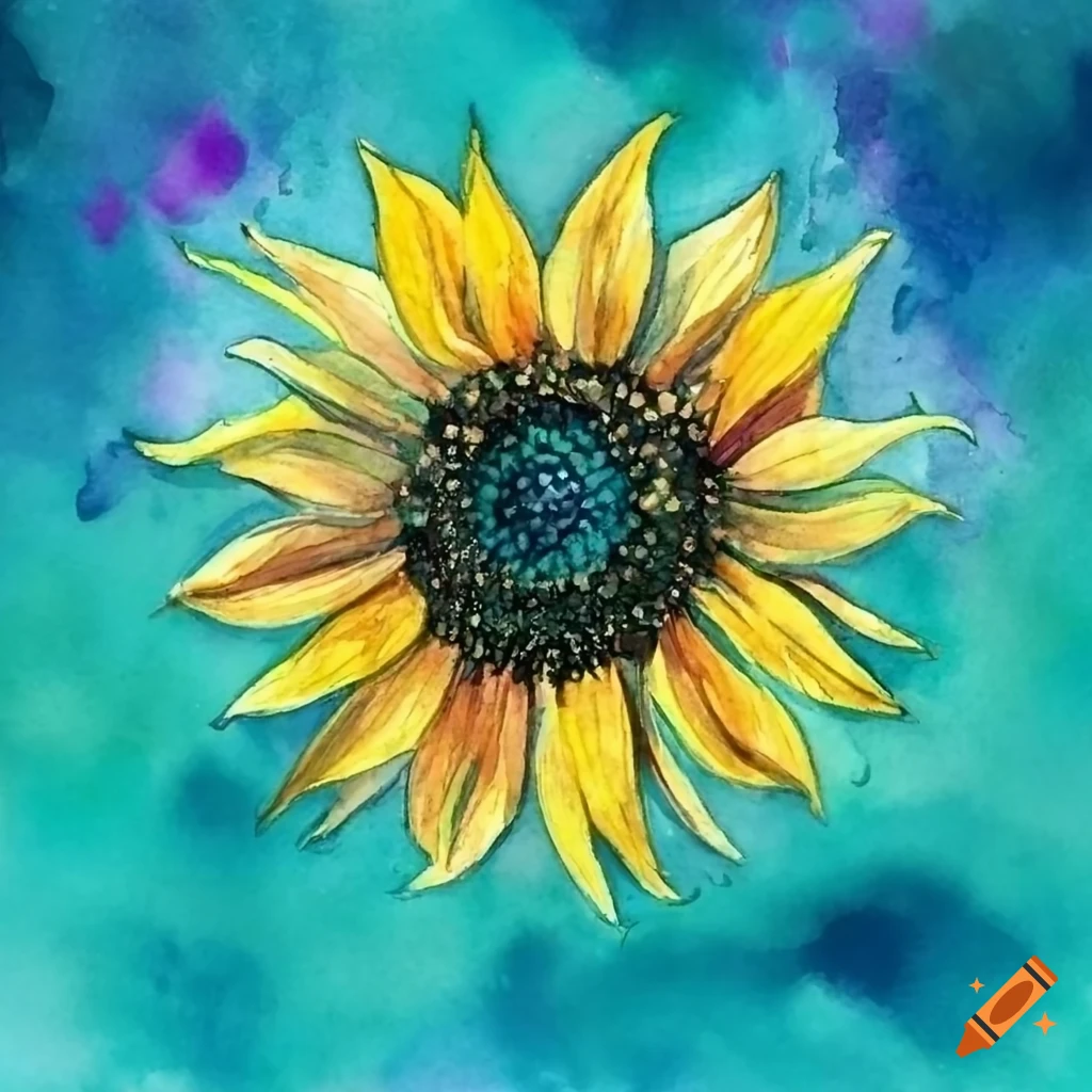 A vivid yellow sunflower with teal droplets on petals, watercolor