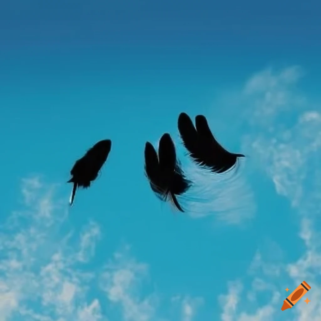 Black feathers falling under blue sky