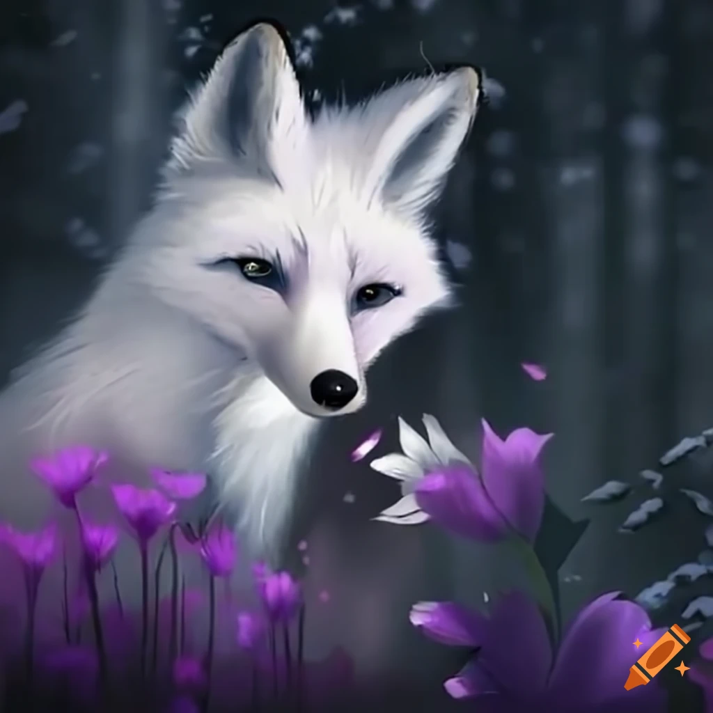White fox smelling a purple flower in a snowy forest on Craiyon