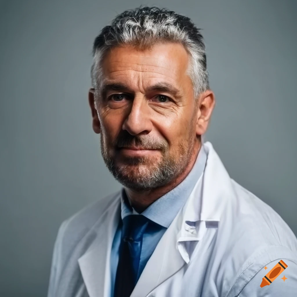 German doctor middle-aged man, muscular and bulky person, solidly built ...