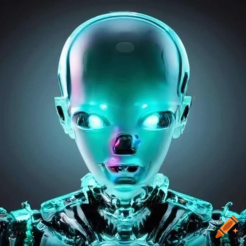 A translucent android , robot, alien, with a glowing face and female ...