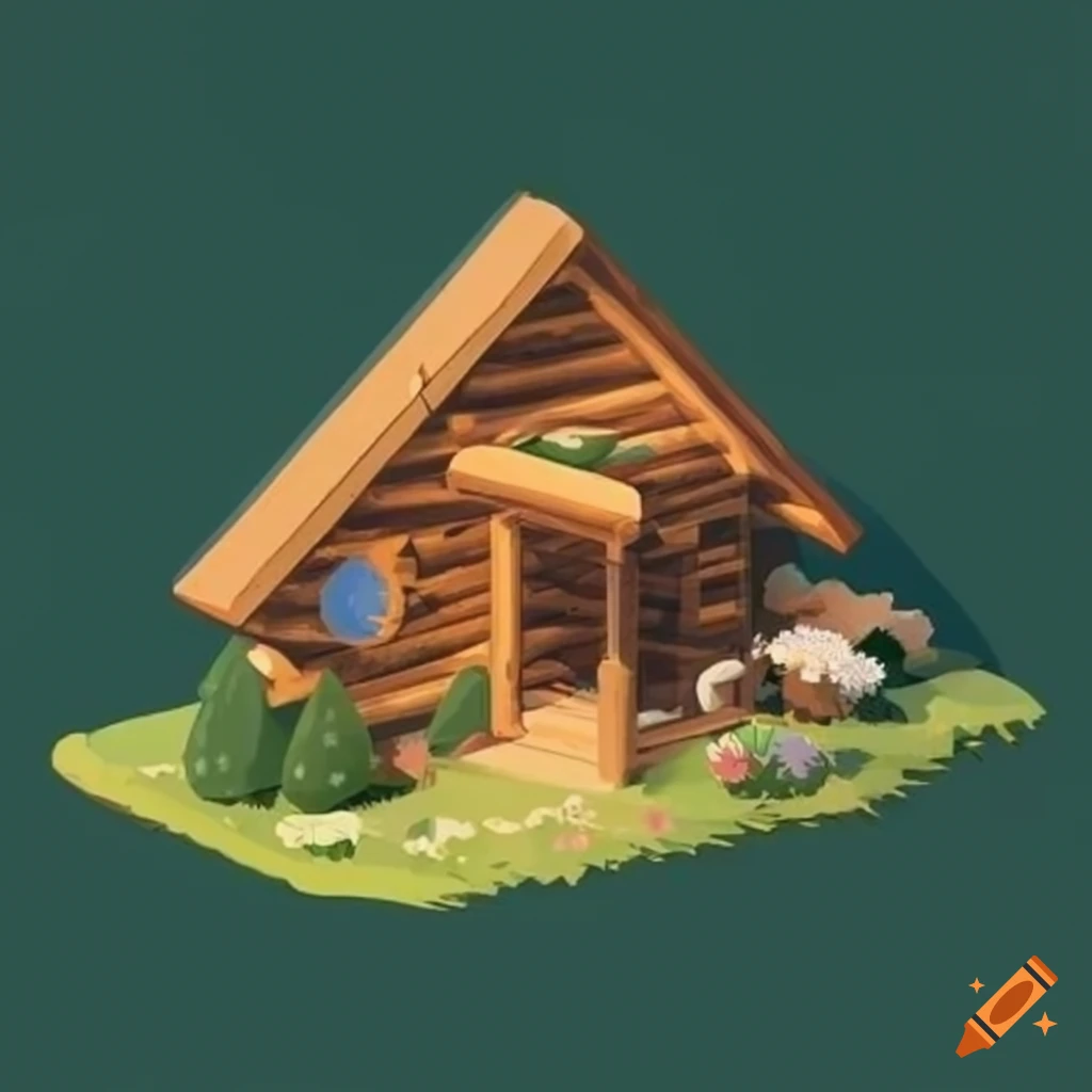 Cozy isometric log cabin with lush flower beds and pine trees