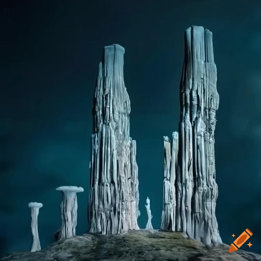 An alien world with towering fungus columns, amazing landscape