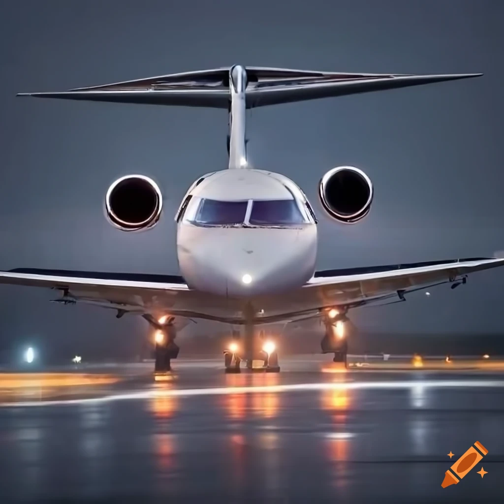 Bombardier challenger 600 taking off at rainy night from runway with ...