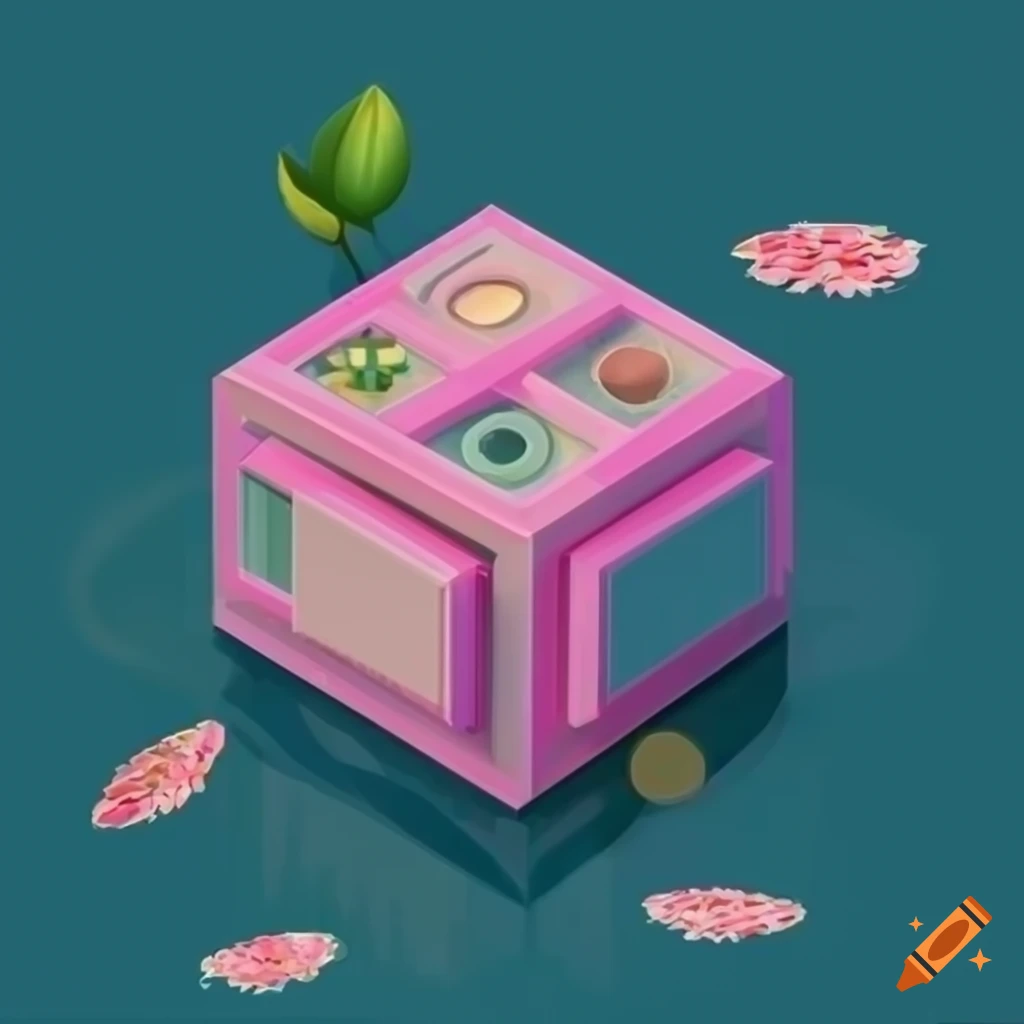 Pink isometric cube with picture frames, buttons, plants, and water ...