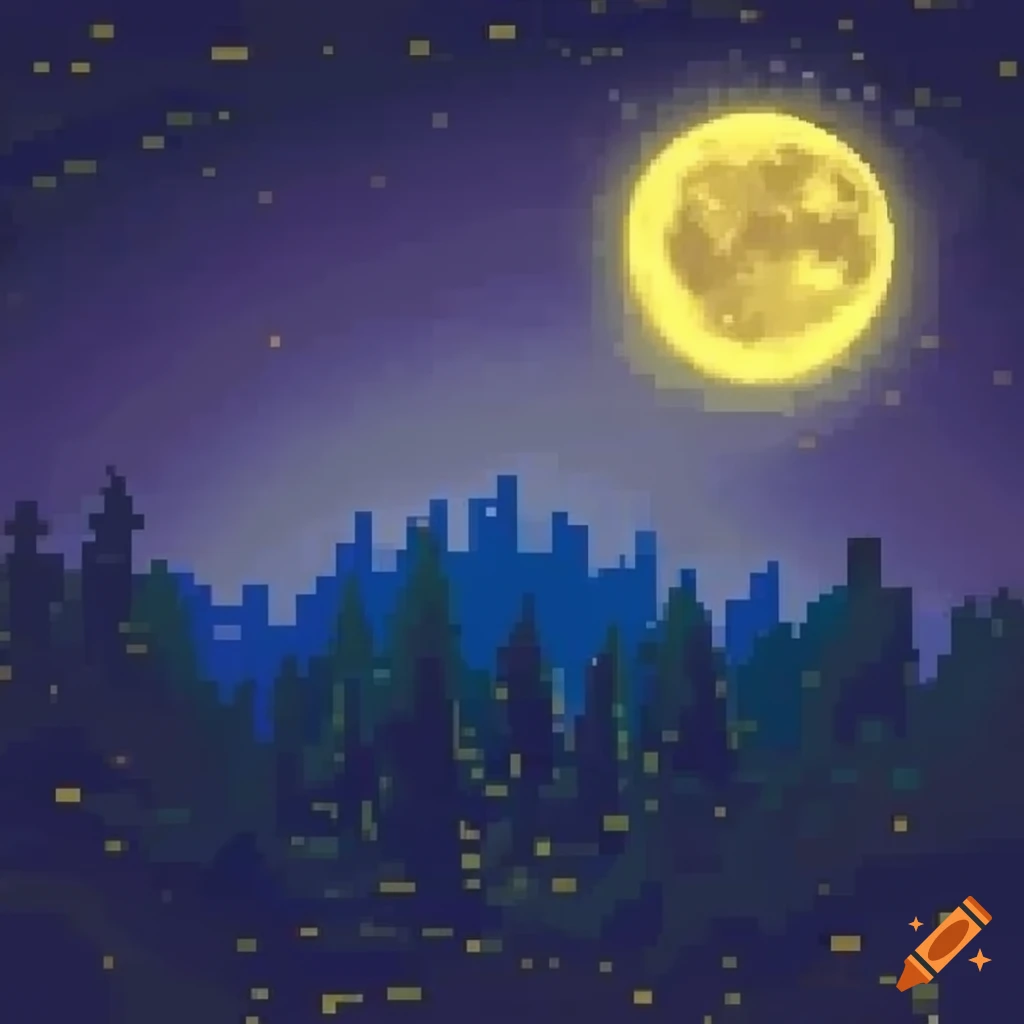 Pixel art night time forest with sky with a yellow crescent moon on Craiyon