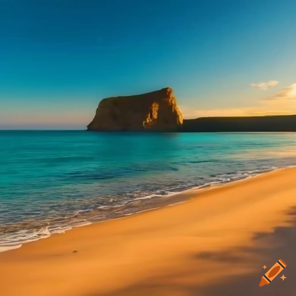 A serene coastal landscape with golden sandy beaches stretching along a ...