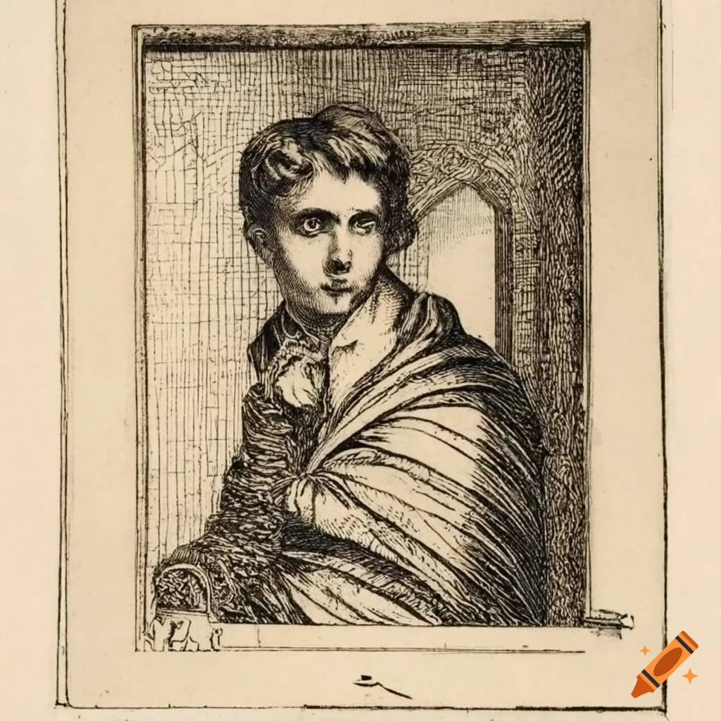 1800s etching of a young man in a castle doorway on Craiyon