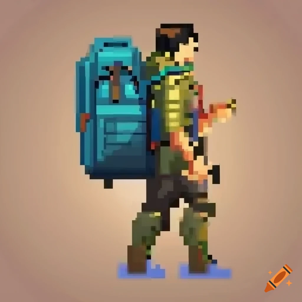 Massive backpack wearing explorer 52x52 pixel art side view
