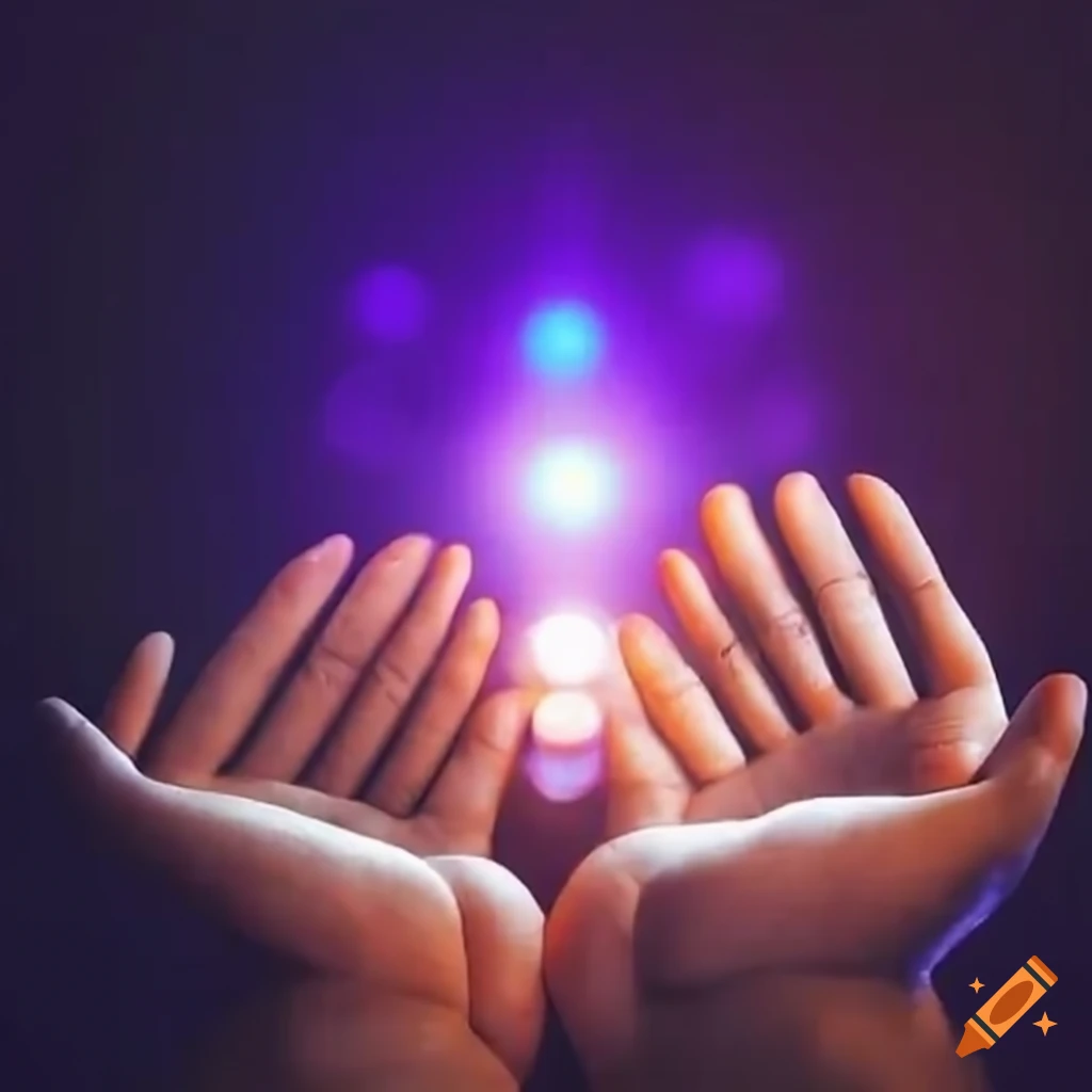 Manos de hombre haciendo reiki, con mucha luz y energía, color violeta ...