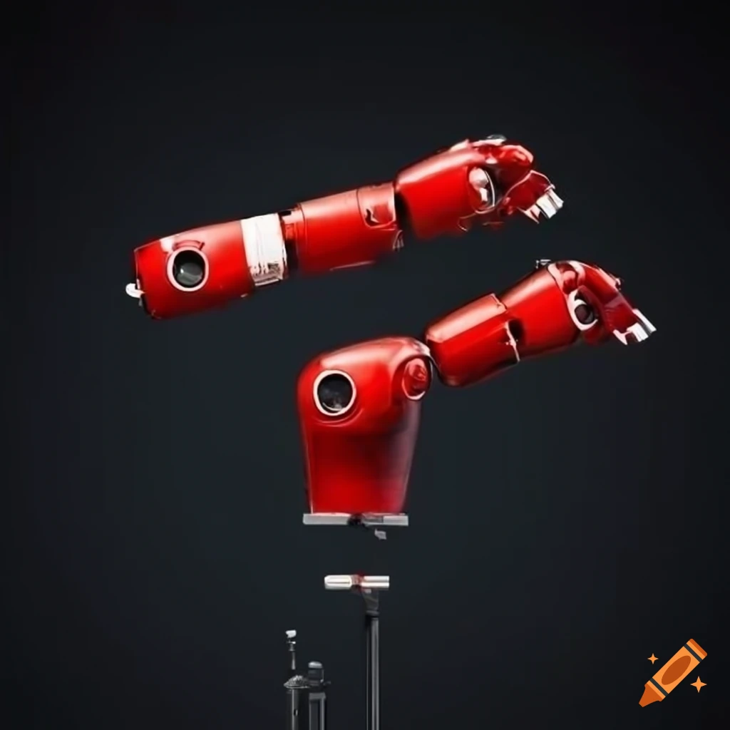 A set of robot arms with a red and white scheme. "editorial photograph ...