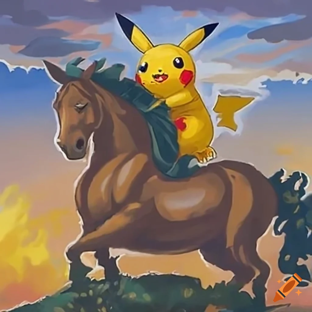 Renaissance painting, warm colors, Pokémon, Pikachu, riding on a brown ...