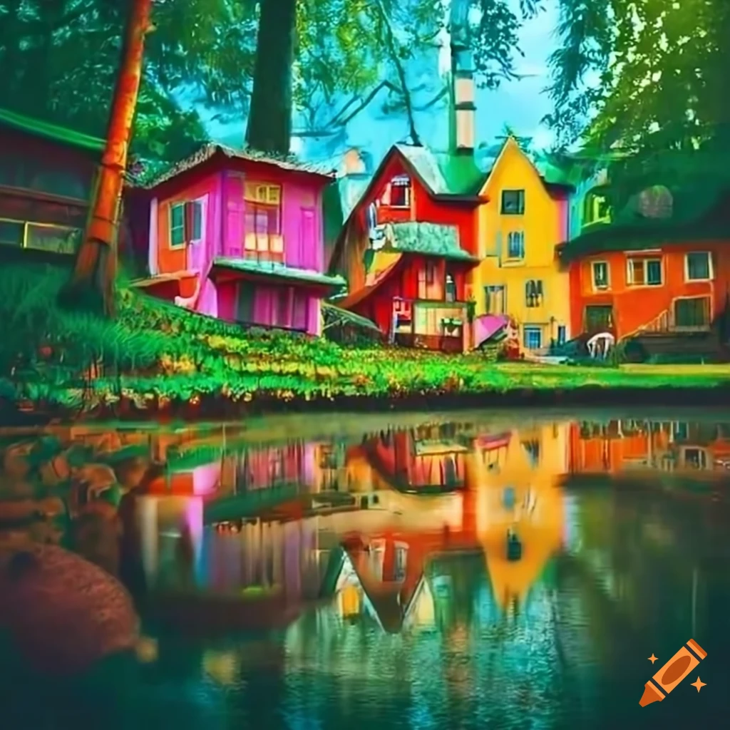 A cozy colorful village in the middle of a forest