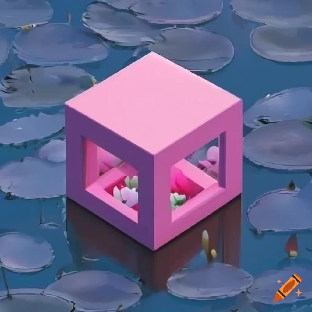 Pink isometric cube with picture frames, buttons, plants, and water ...