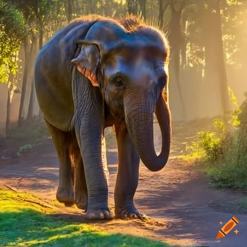 A wrinkly asían Elephant in frontal view walking towards the foreground ...