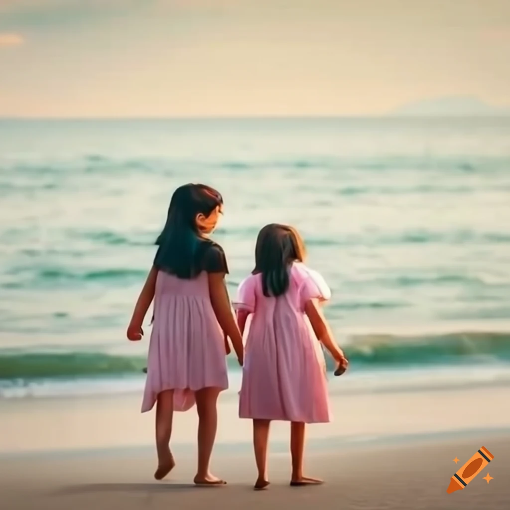 Two korean sisters walking along the beach. the older sister is much ...