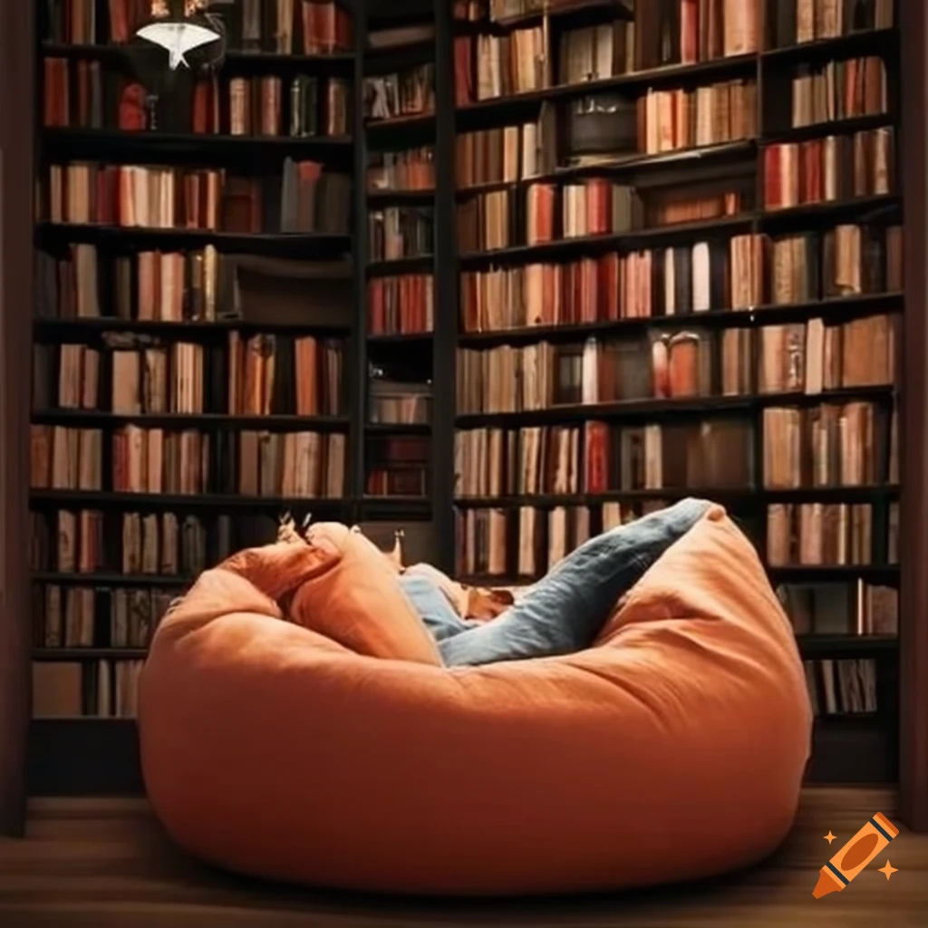 Cozy home library, soft lighting, bean bags on Craiyon