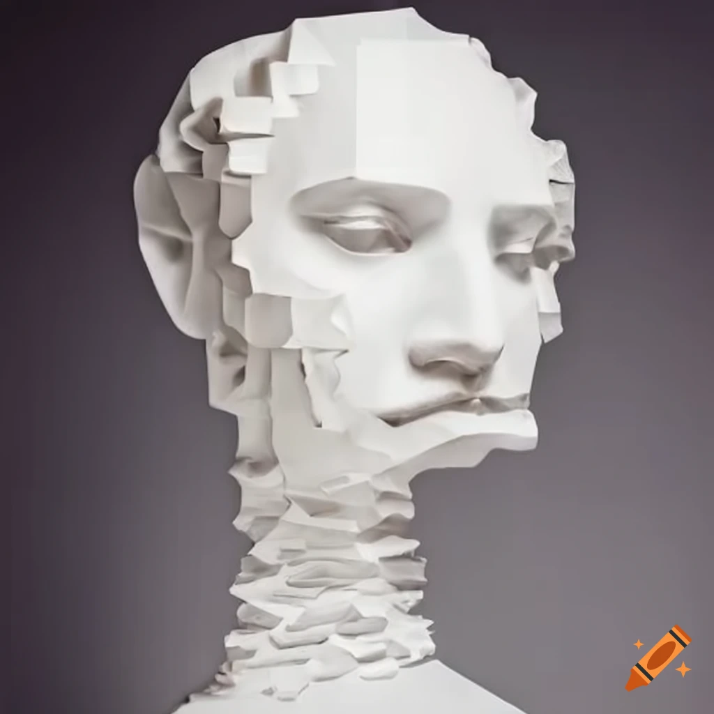 Quantum marble sculpture of a human face adorned with complex geometry