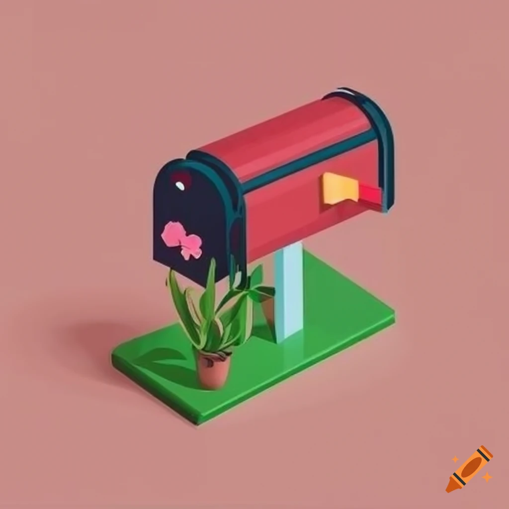 Isometric kawaii mailbox with plants and flowers inside