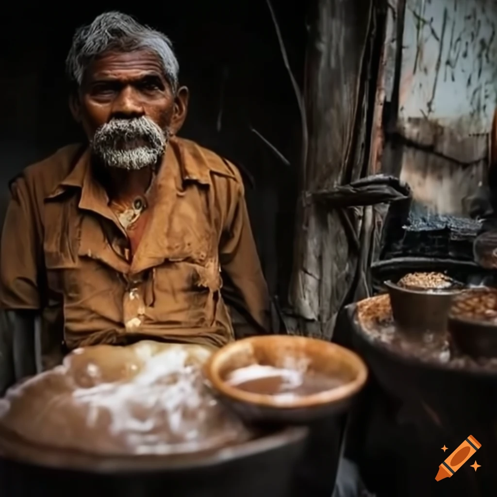 Realistic moody photo of indian man selling hot chai in his tea stall ...
