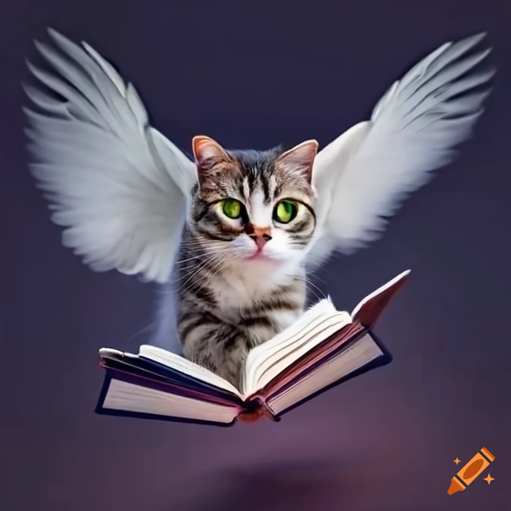 A flying cat with two white wings is reading a book