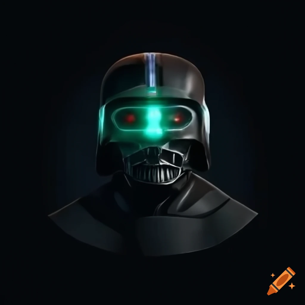 Create a cartoon robot with a head inspired by Darth Vader helmet, the ...