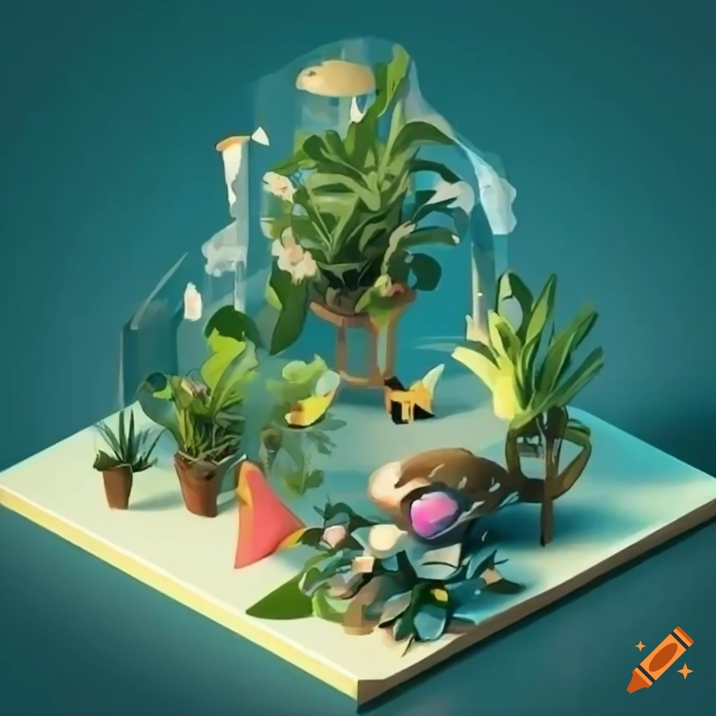 A glass isometric room with houseplants, flowers, and swimming fish on ...