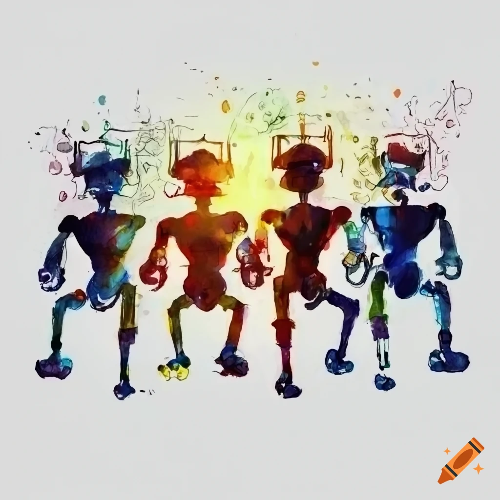 Line art of group of marching robots silhouetted in shiny watercolor on ...