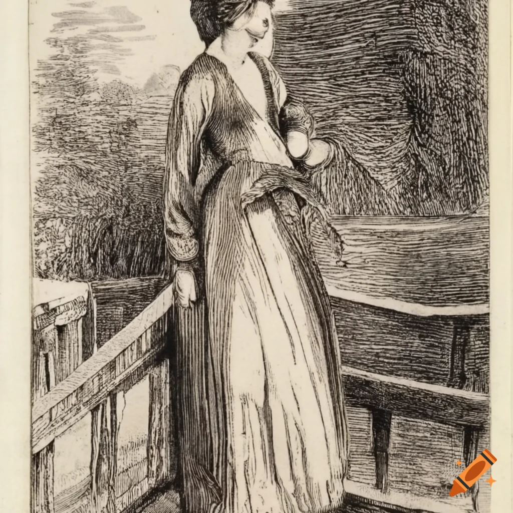 1800s etching of a young woman on a wooden bridge on Craiyon