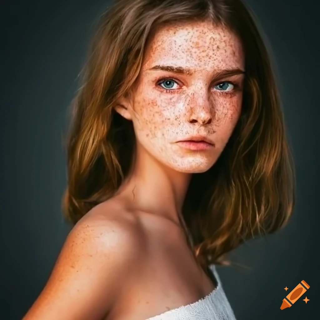 Beautiful young woman shoulder-length hair slight freckles