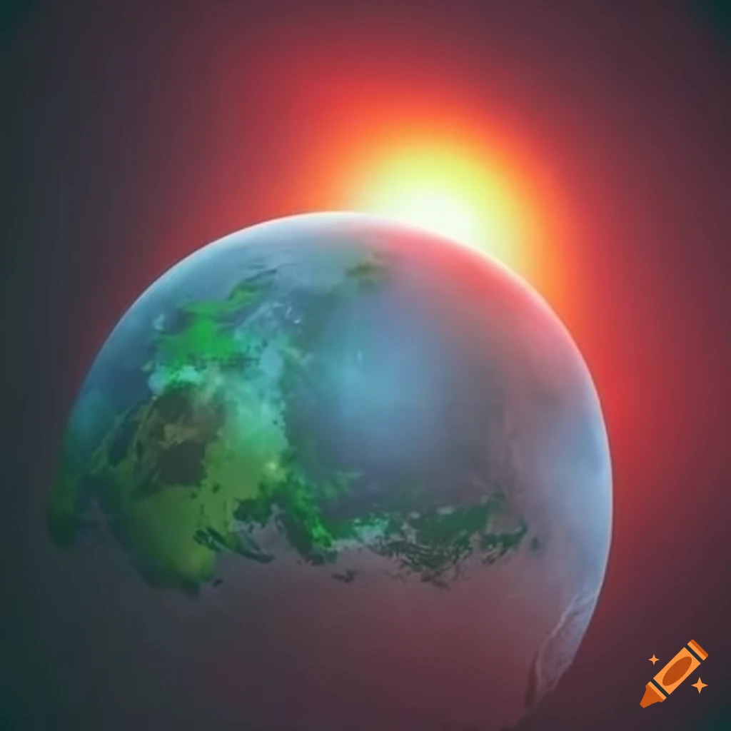 Green planet with burning red moon