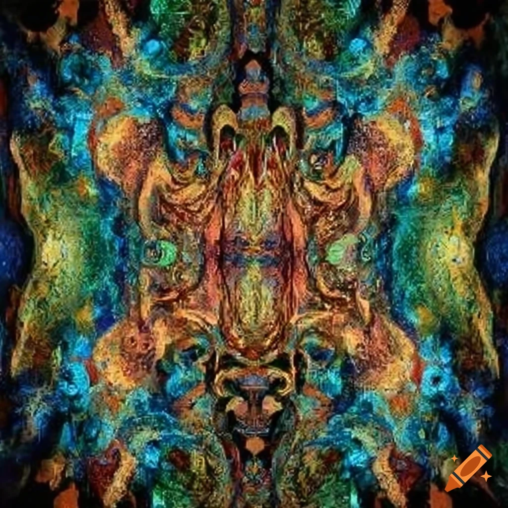 A dynamic work in gold, green, red and blue of symmetrical creature ...