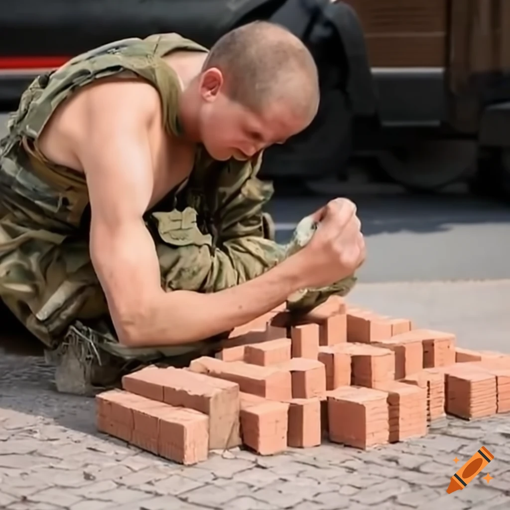 Russian soldier laying bricks by the road