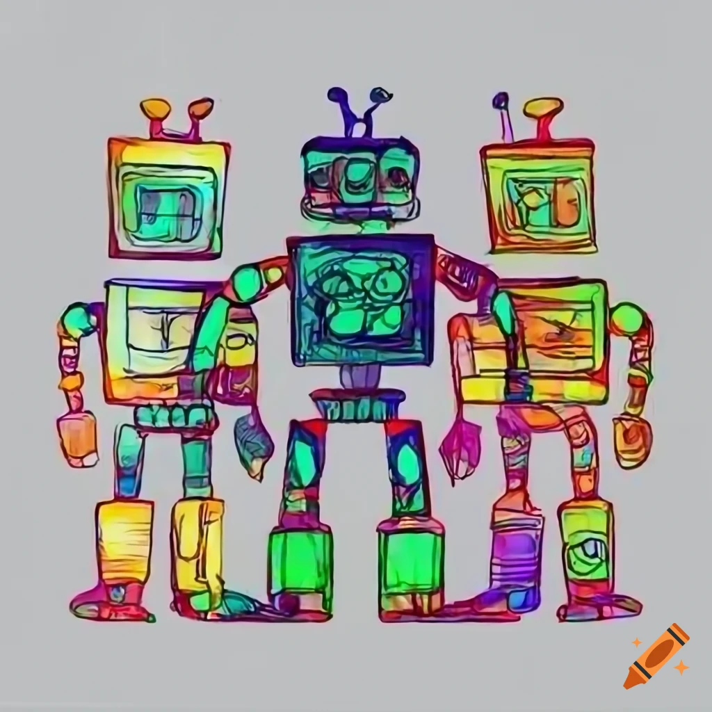 Line art of group of marching robots silhouetted in shiny watercolor