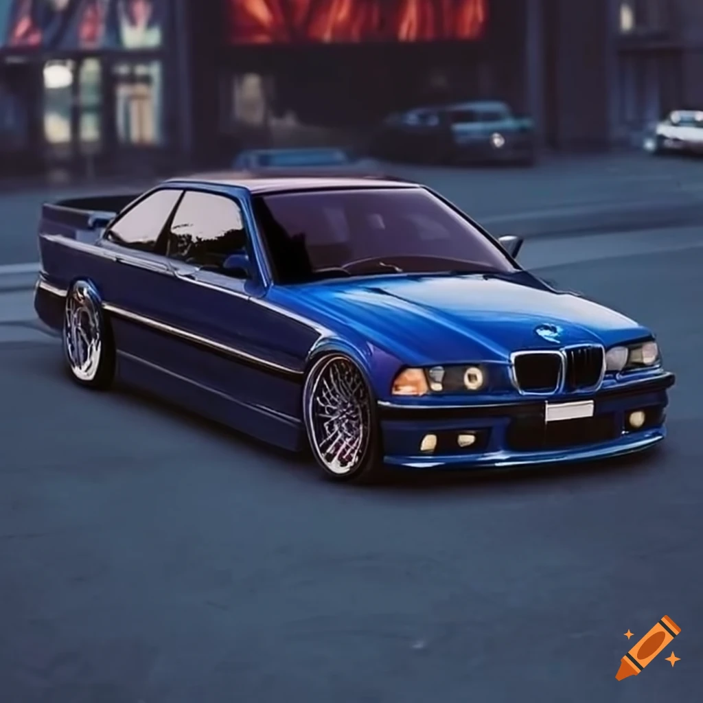 Dark blue bmw e36 parked on the street on Craiyon