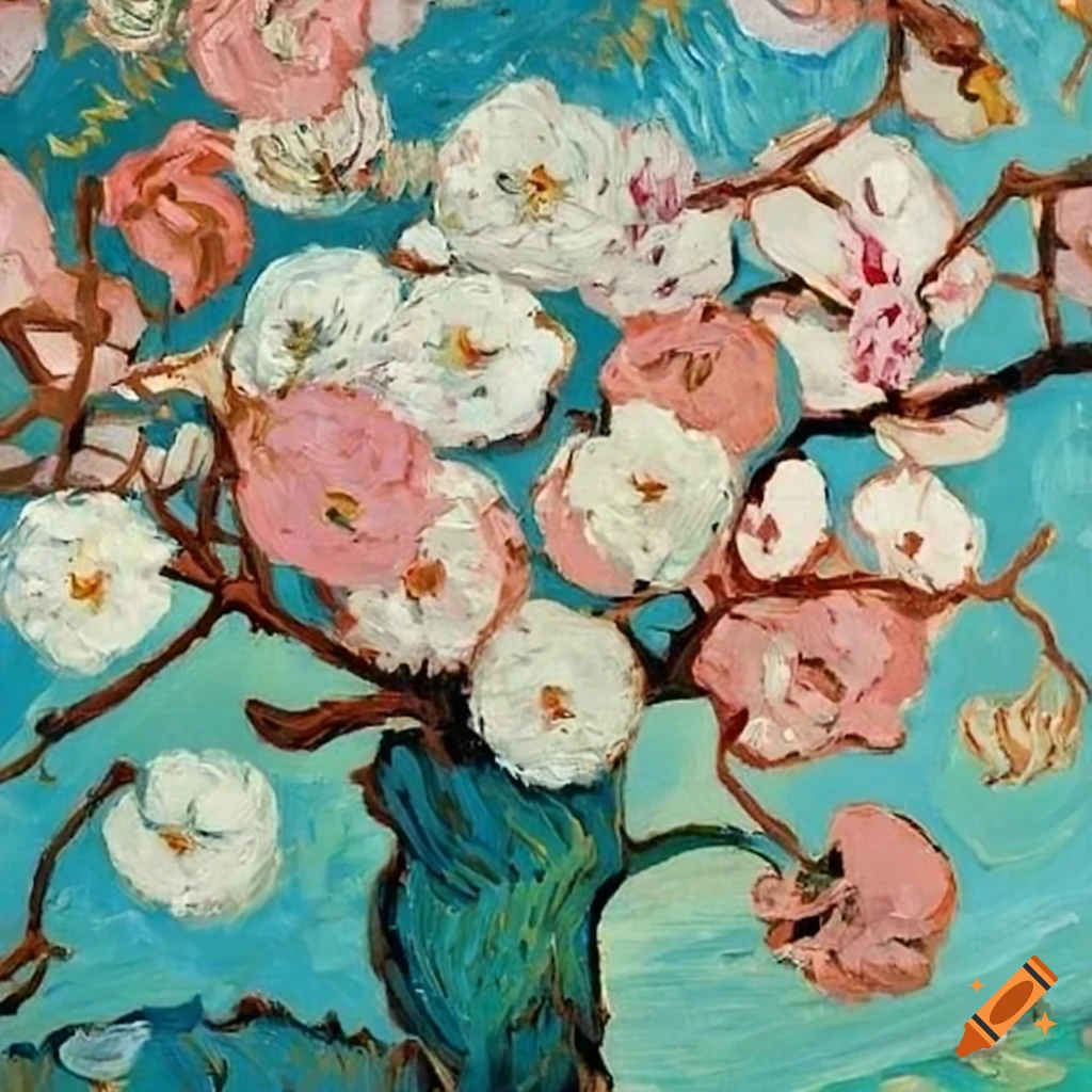 Painting of small white and pink flowers placed on tree branches by van ...
