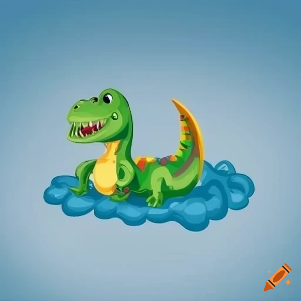 Adorable cartoon dinosaur lying on a cloud