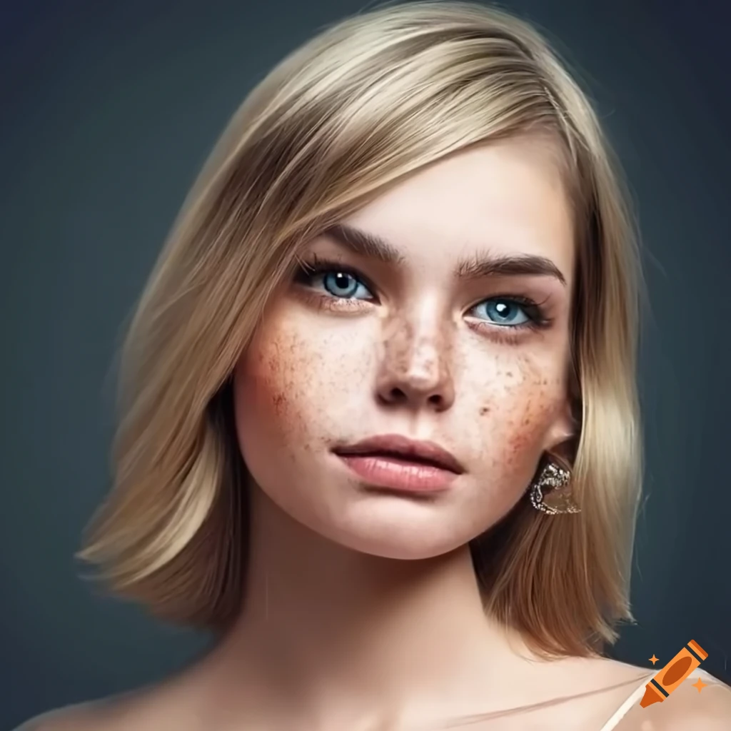 Beautiful young woman shoulder-length blonde hair slight freckles