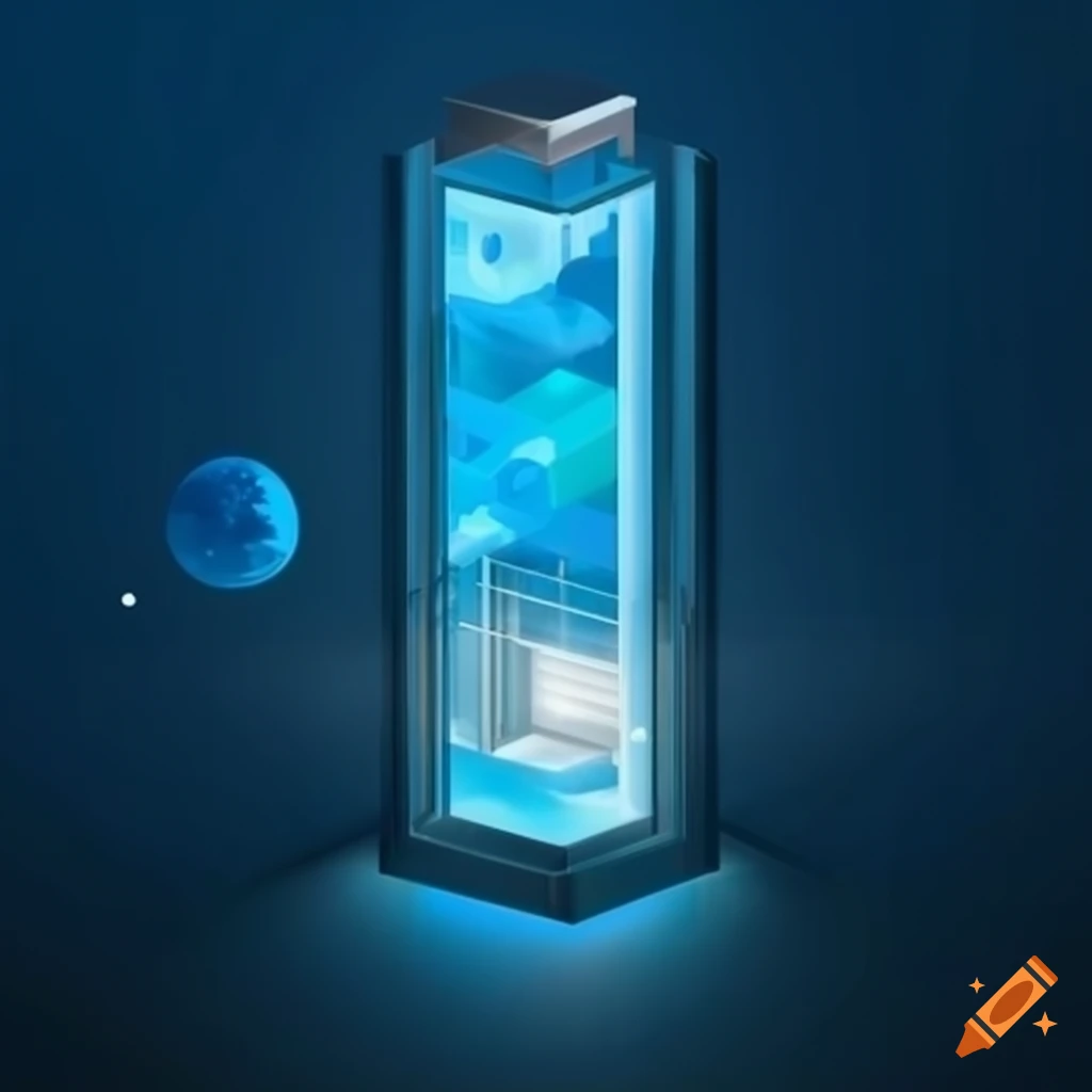 A soothing isometric glass elevator with a portal to the ocean, clouds ...
