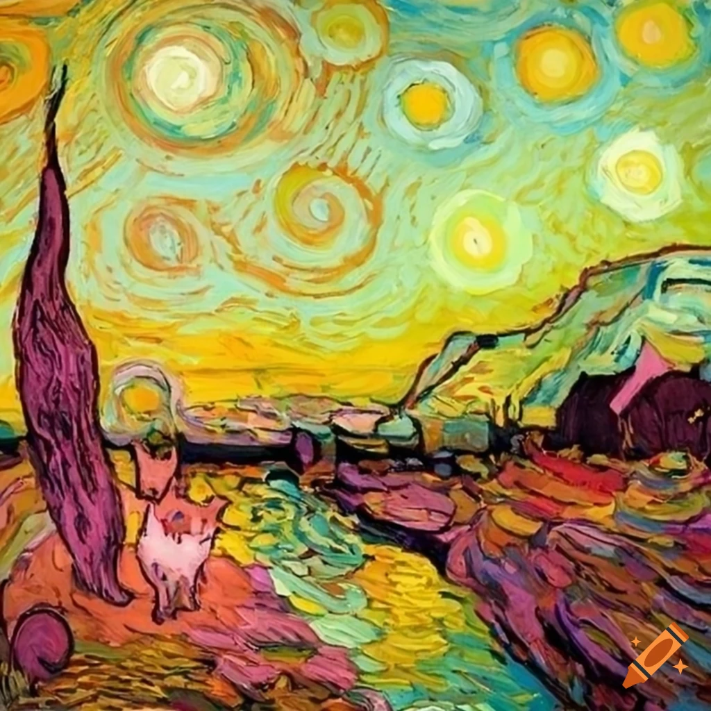 Pink cat van gogh landscape espatulado coffee colors on Craiyon