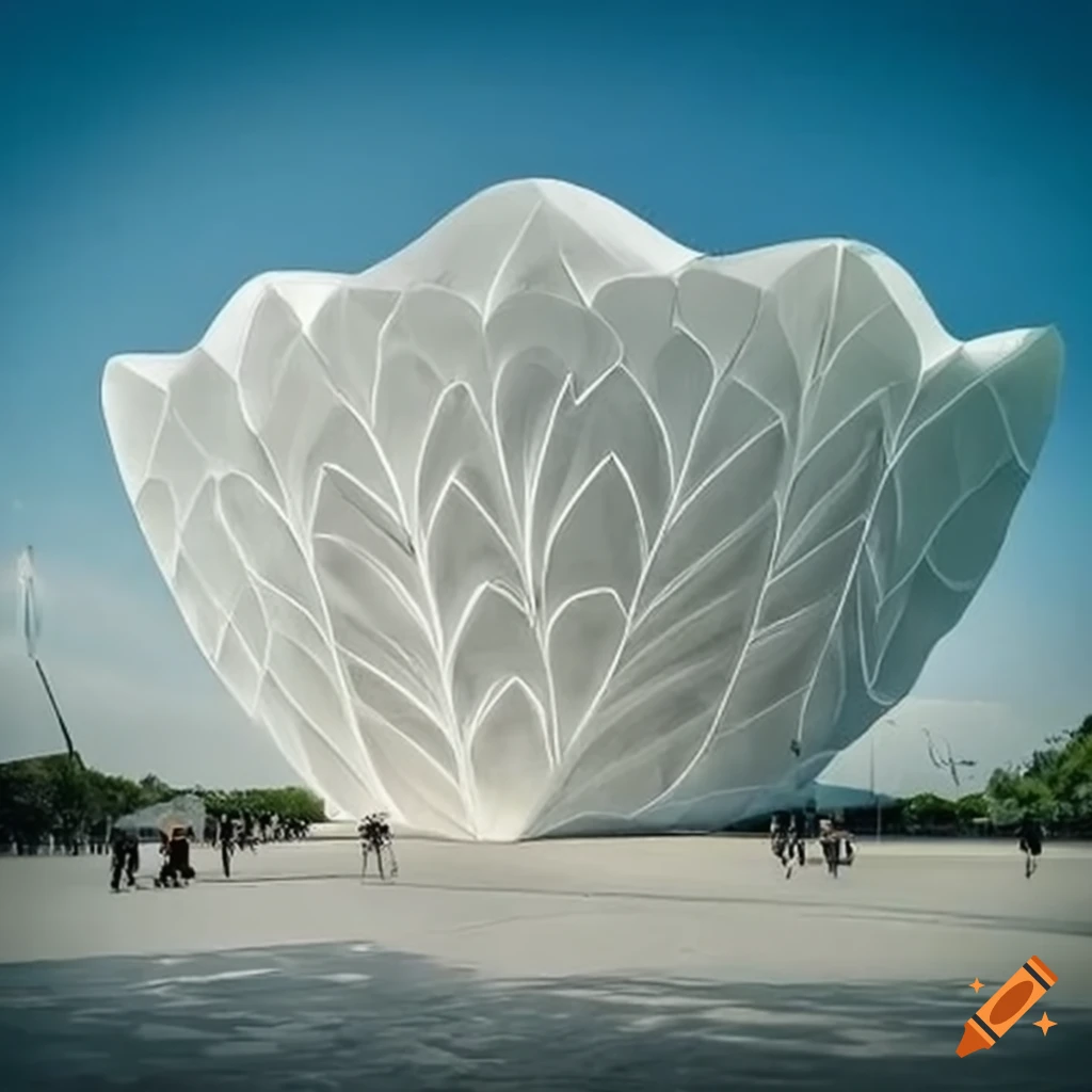 A white flower shaped big mall building that looks like a white open ...