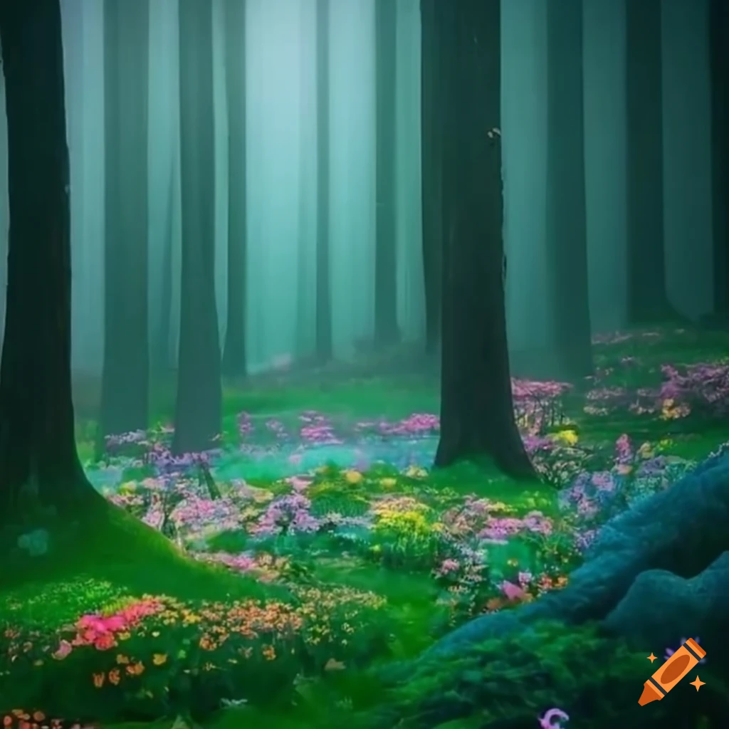 A magical forest with a lot of flowers and large trees, and little light