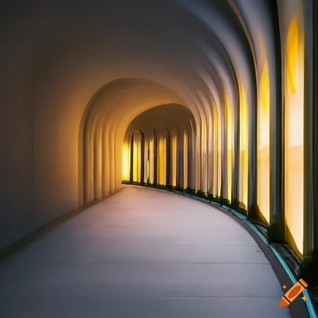 Curved arcade pathway with golden light and residential buildings in ...
