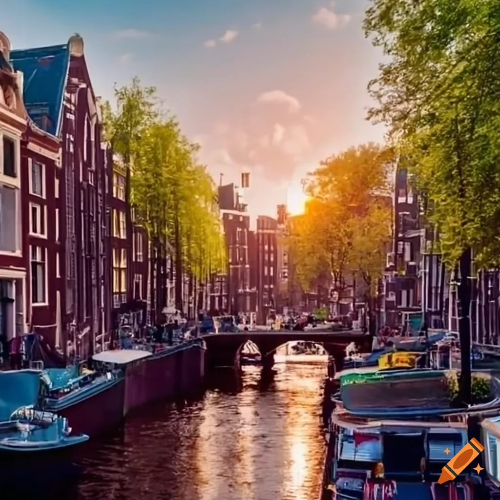 Amsterdam canals on sunset in summer on Craiyon